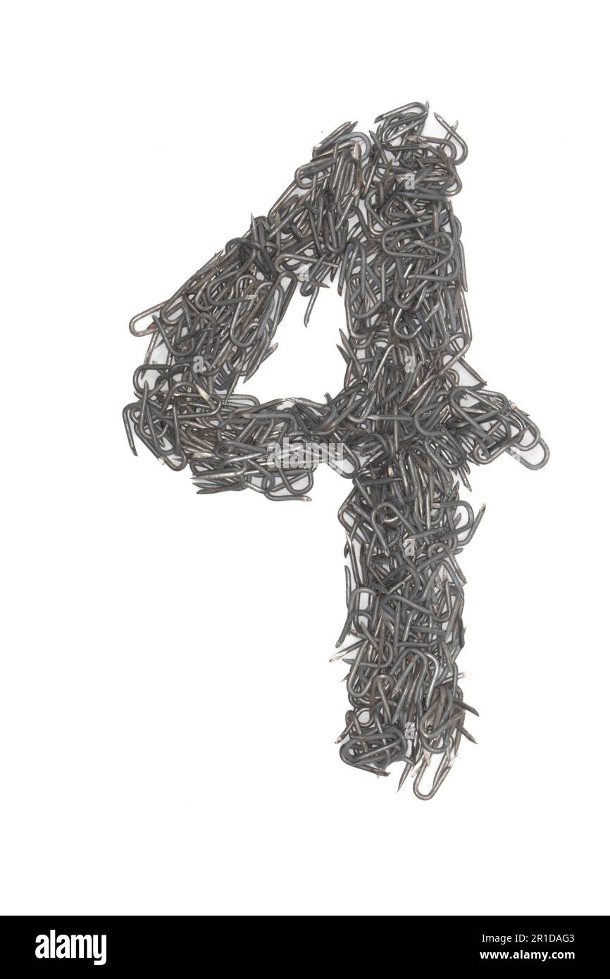 artistic number four 4 made from steel staples isolated on a white ...