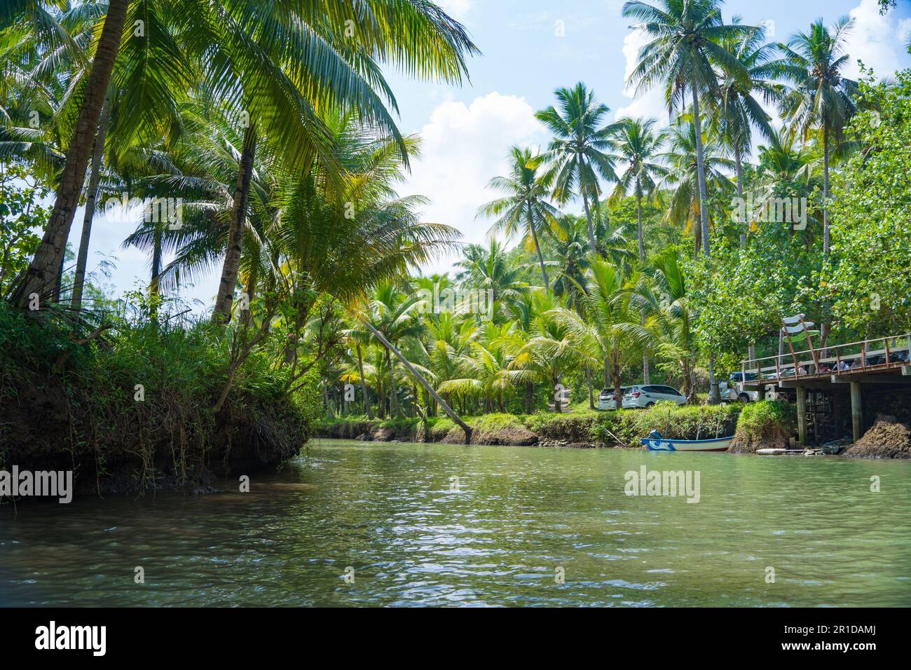 Cruising on the beautiful and calm river with trees at Kali Cokel ...