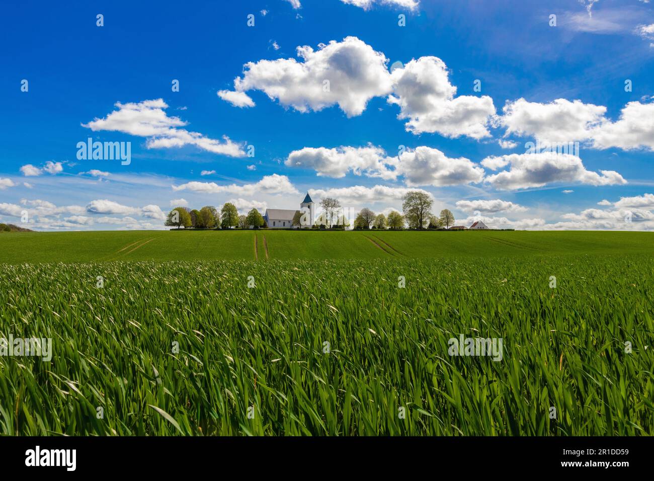 A church in beautiful green field with a blue sky and white clouds in ...