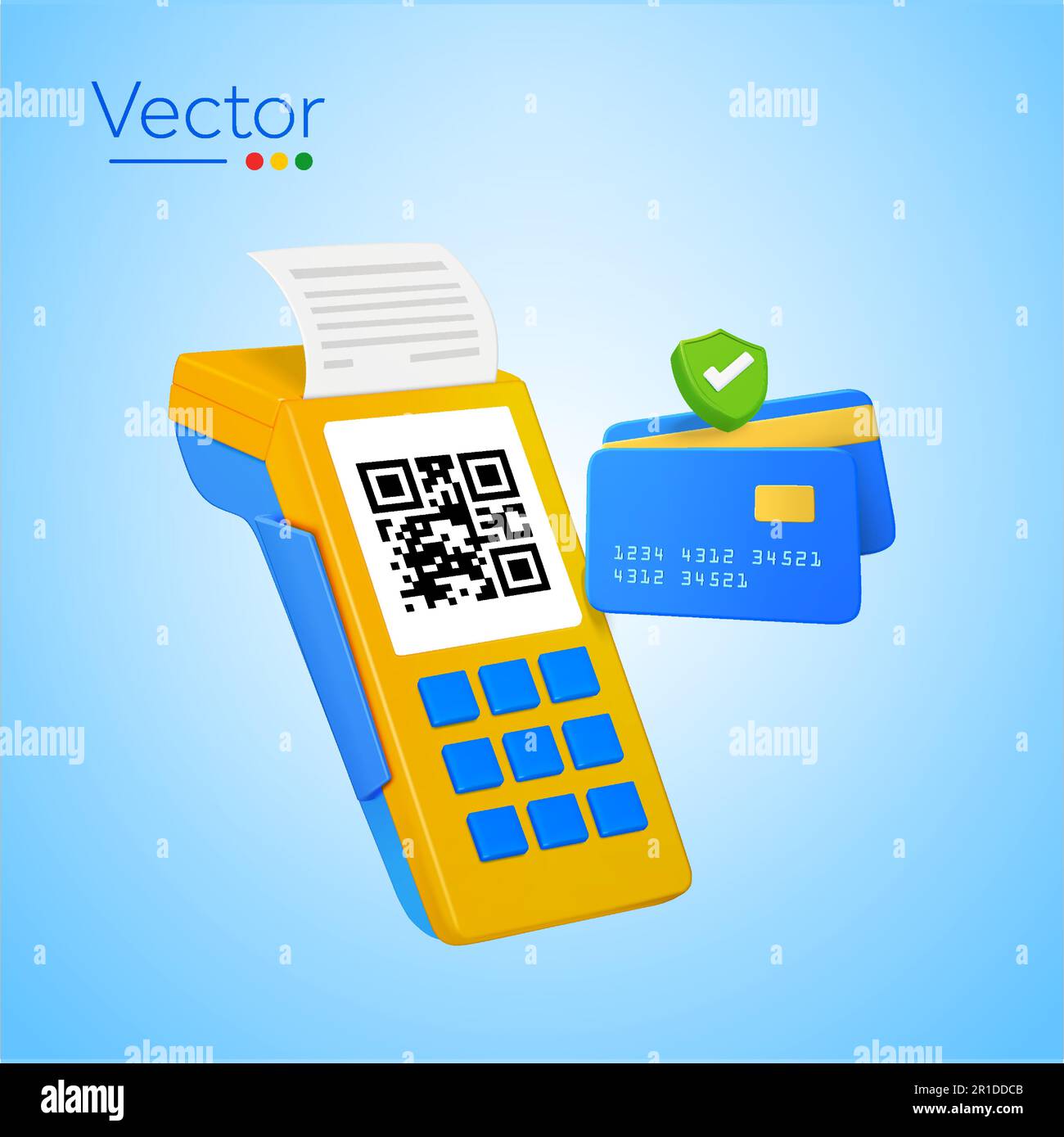 3d Pos terminal device with receipt, credit cards and green checkmark. Design concept for online ...