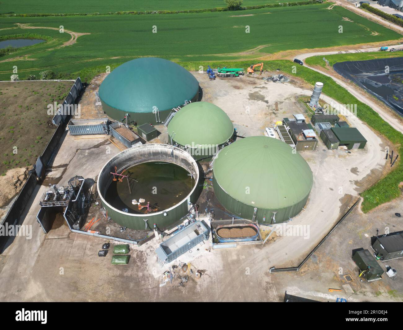 Aerial view of anaerobic digester tanks on a farm in Herefordshire ...