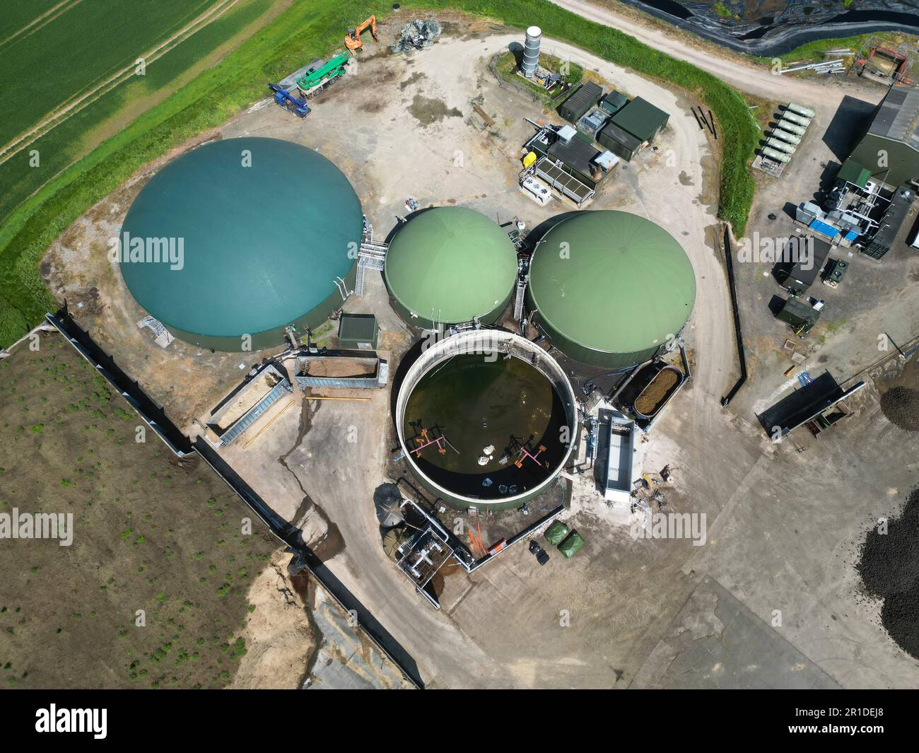 Aerial view of anaerobic digester tanks on a farm in Herefordshire ...