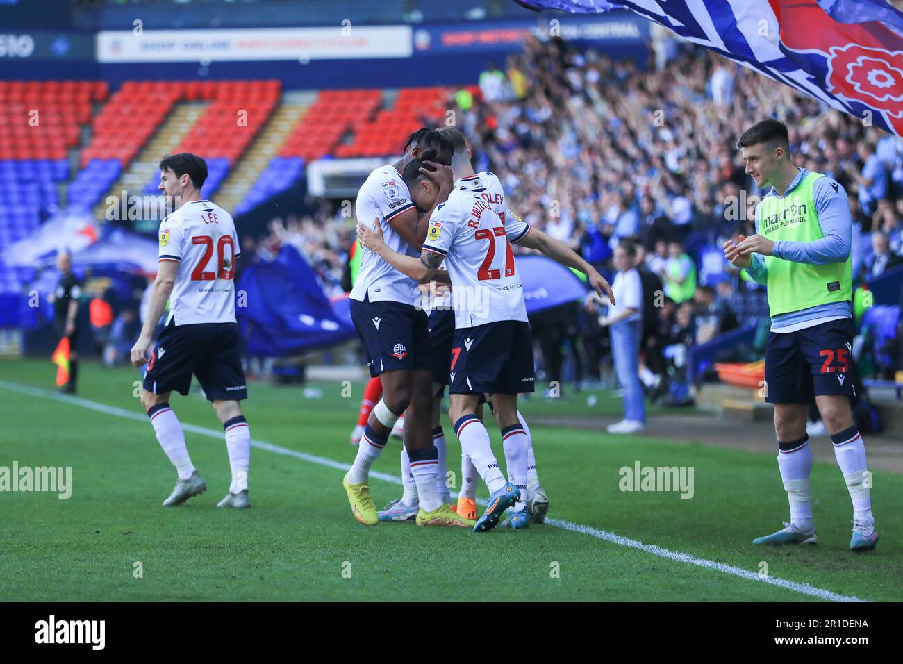 Bolton, UK. 13th May, 2023. Bolton Wanderers players celebrate a goal ...