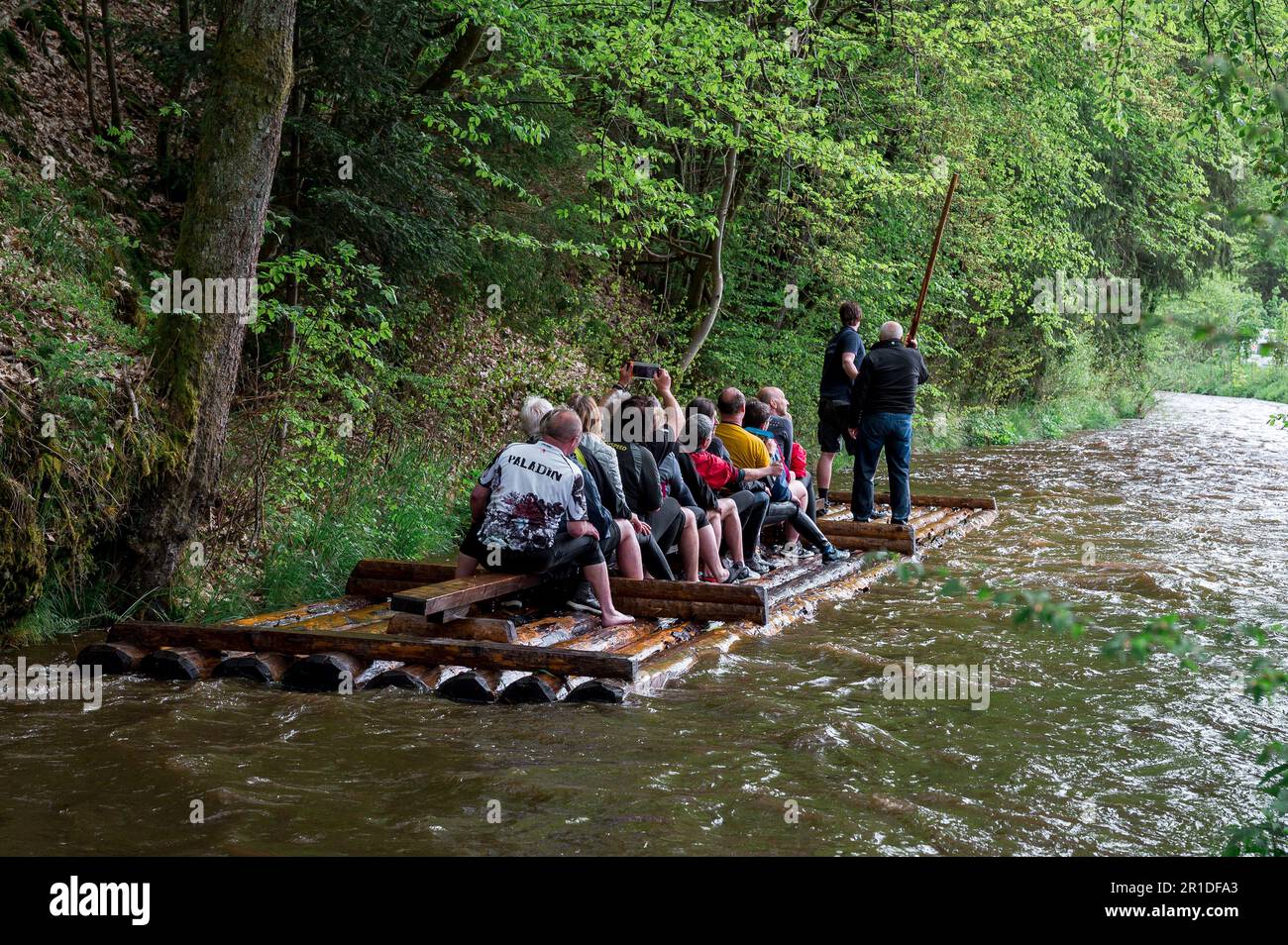 Wallenfels, Germany. 13th May, 2023. A raft travels along the Wilde ...