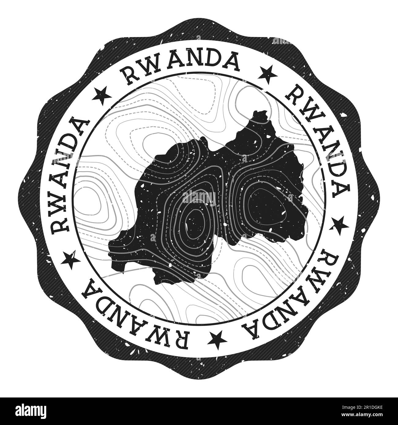 Rwanda outdoor stamp. Round sticker with map of country with ...