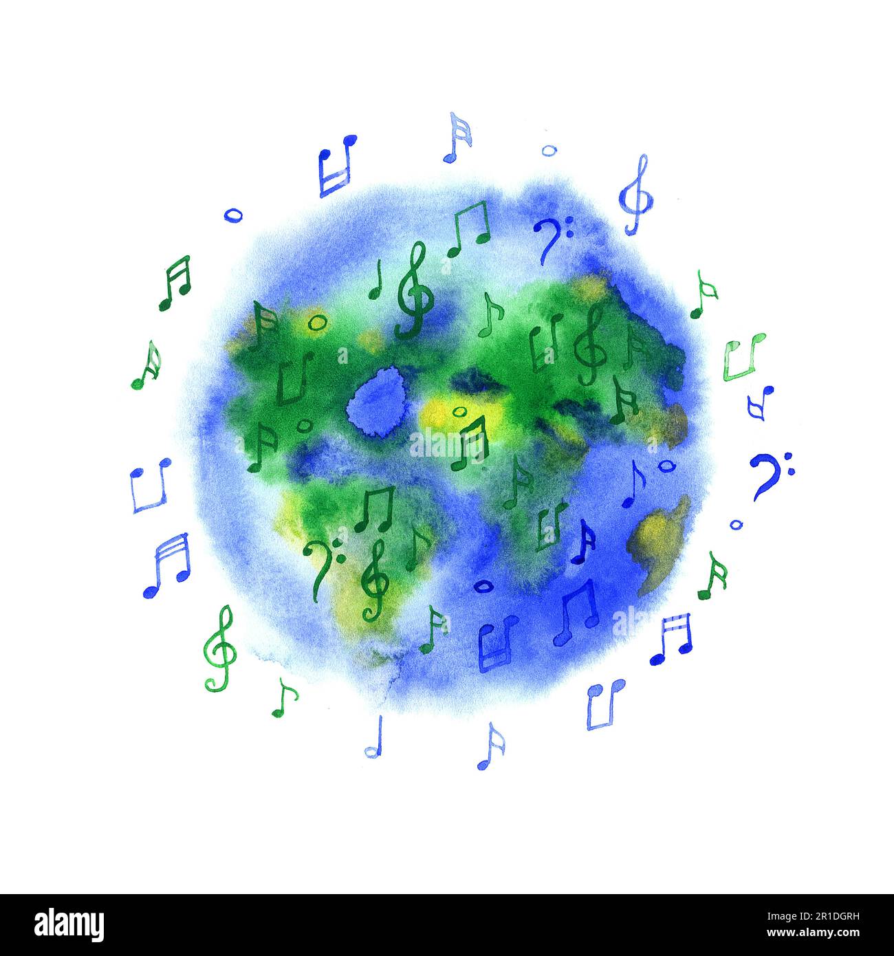 Watercolor music planet Earth illustration isolated on white background ...