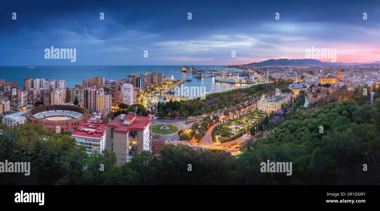 Panoramic aerial view with Plaza de Toros, Port of Malaga, City Hall ...
