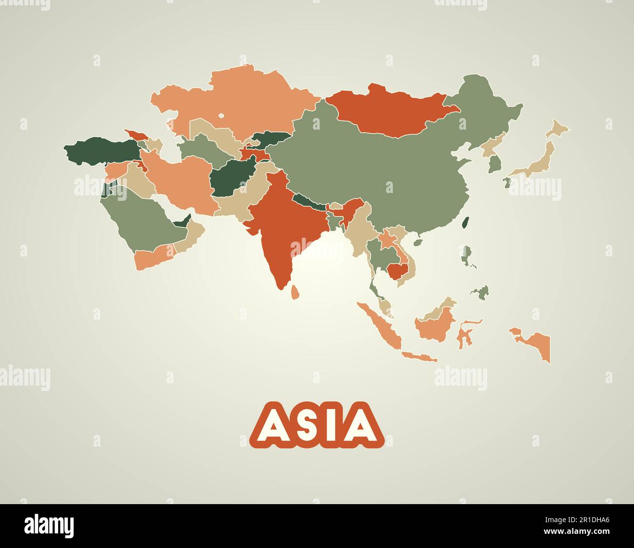 Asia poster in retro style. Map of the continent with regions in autumn ...