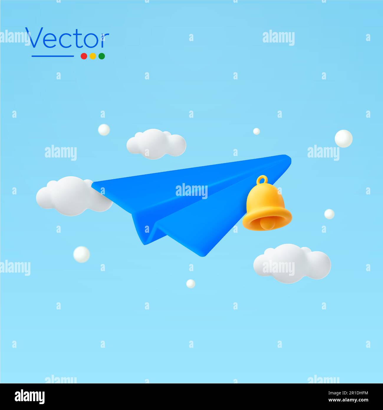 3d paper plane flying on the sky with orange bell, clouds around ...