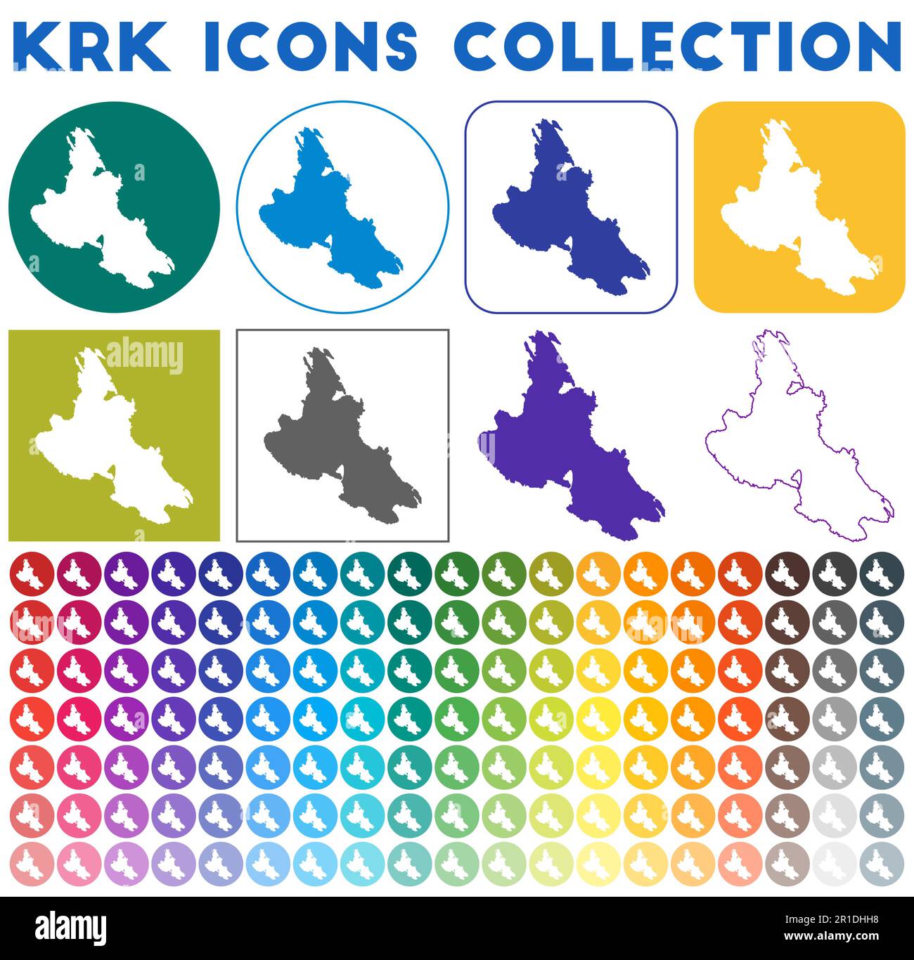 Krk icons collection. Bright colorful trendy map icons. Modern Krk badge with island map. Vector ...