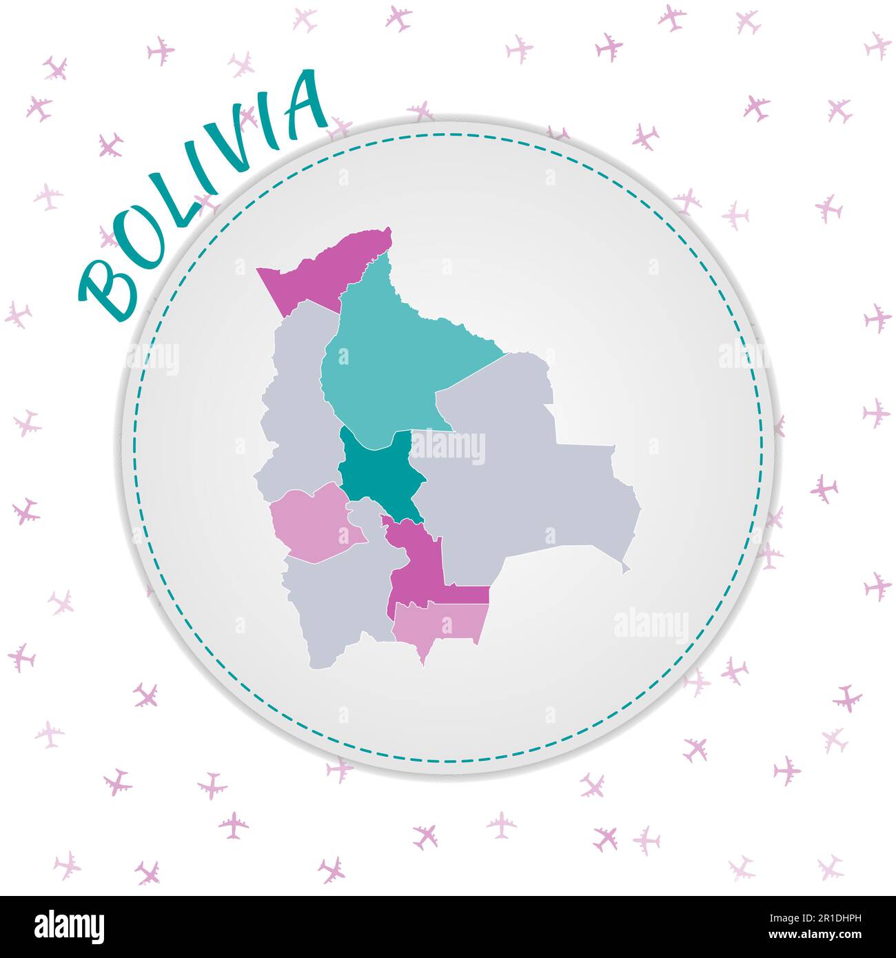 Bolivia map design. Map of the country with regions in emerald-amethyst ...