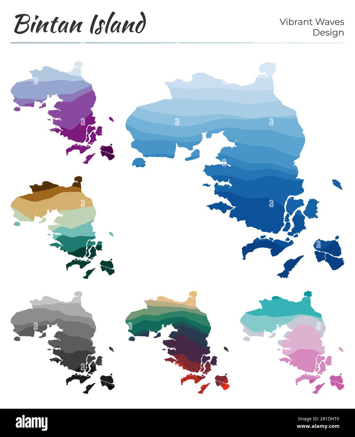 Set of vector maps of Bintan Island. Vibrant waves design. Bright map in geometric smooth curves ...