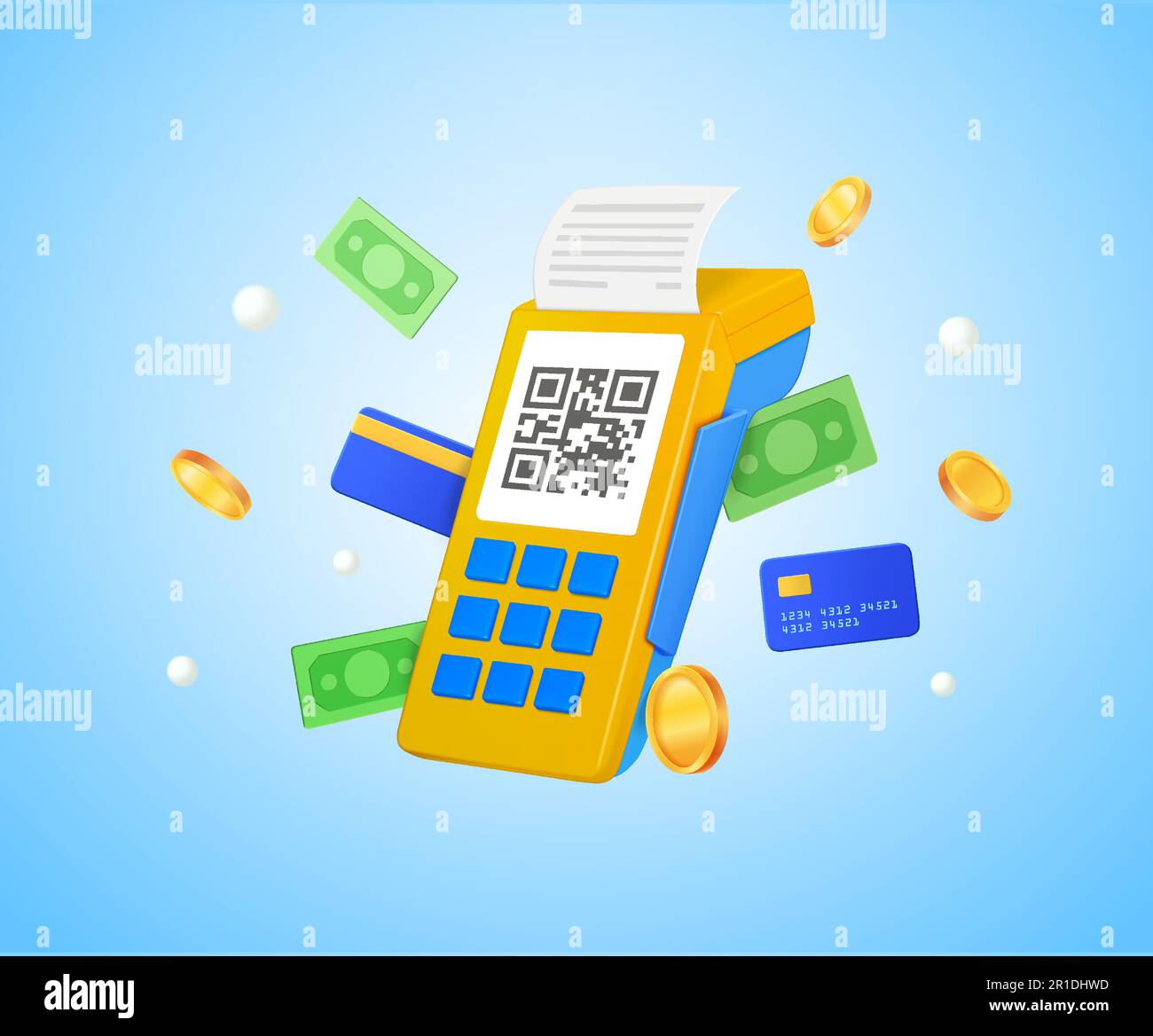 3d pos terminal device with QR code, banking credit cards, dollars, coins flying around ...