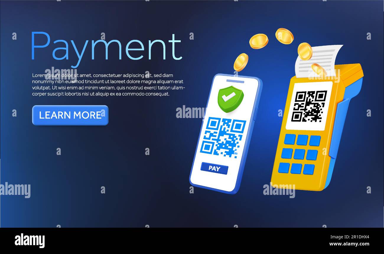 3d pos terminal device, qr code, printing receipts, flow of coins ...