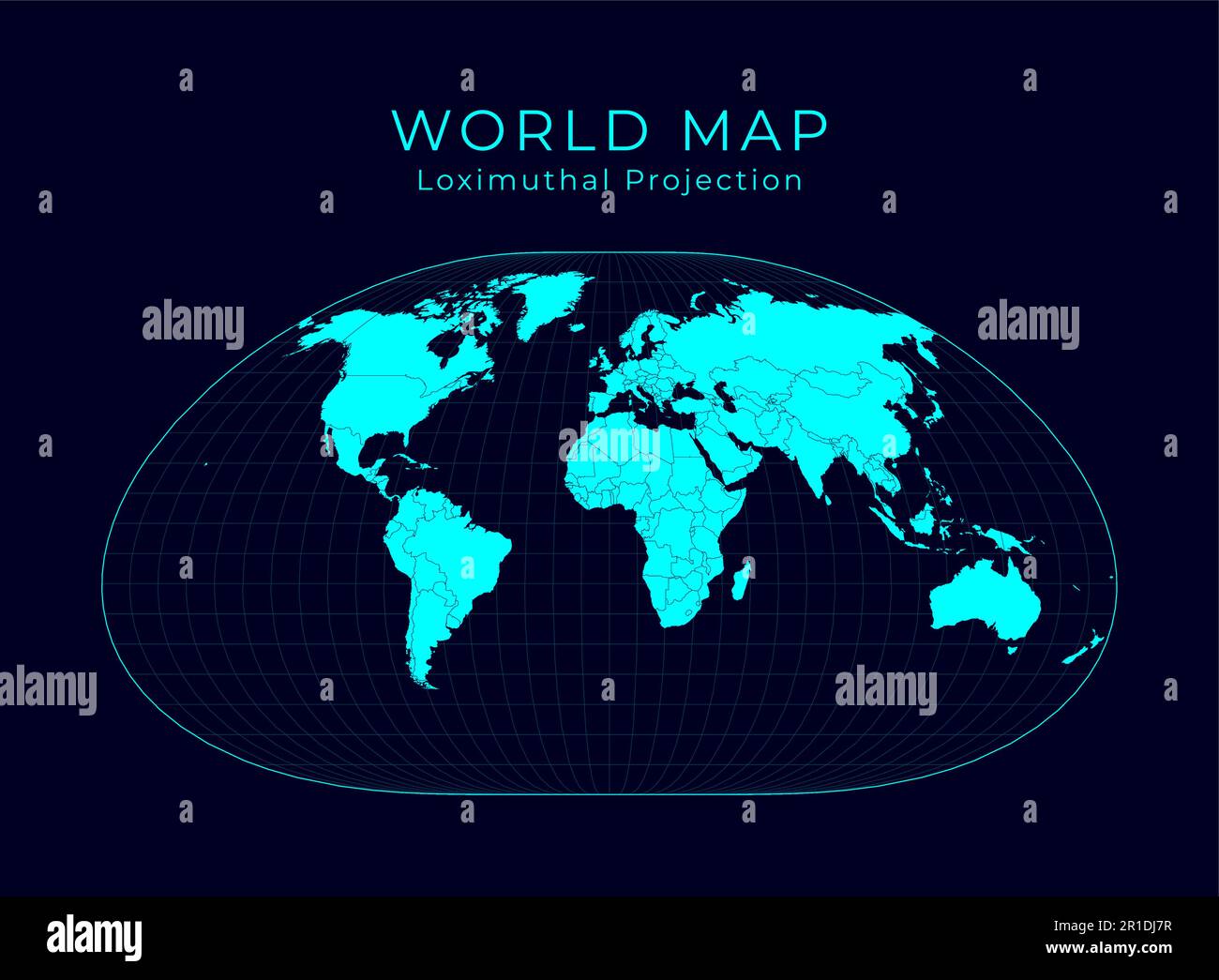 Map Of The World Loximuthal Projection Futuristic Infographic World Illustration Bright Cyan