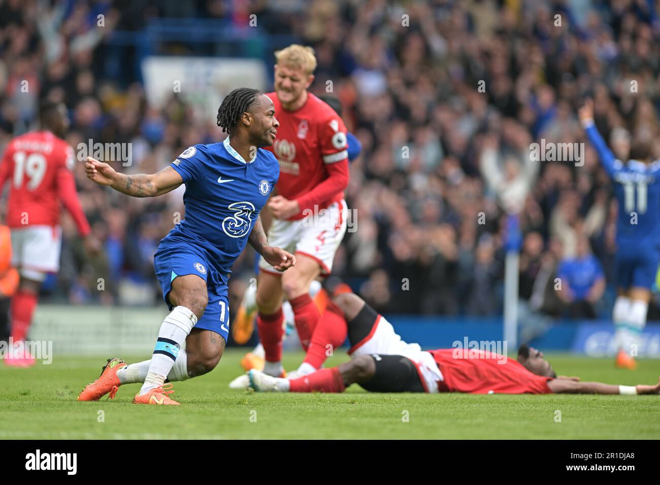 London, UK. 13th May, 2023. GOAL Raheem Sterling of Chelsea scores his ...