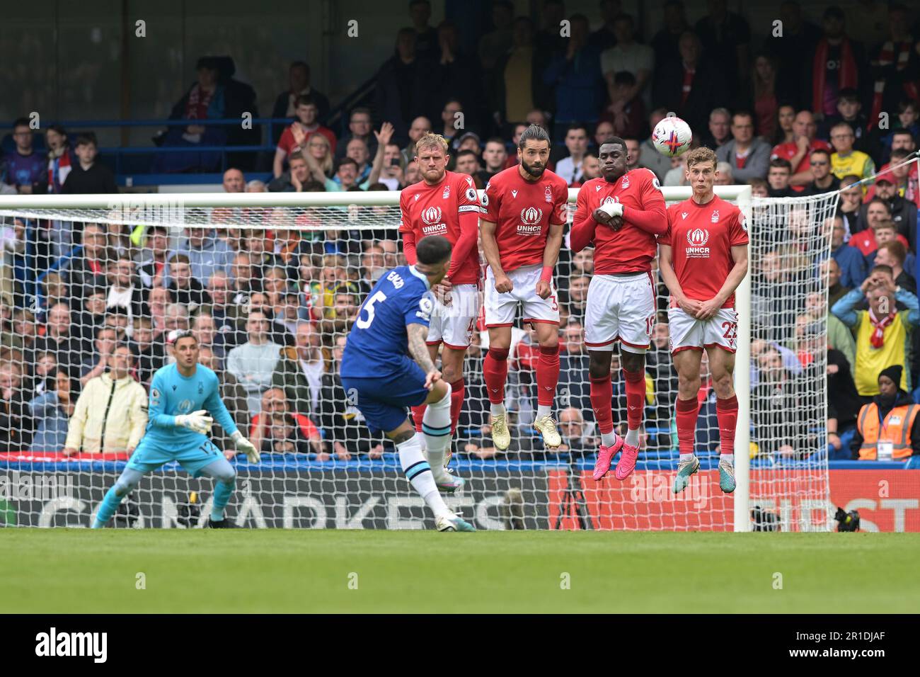 London, UK. 13th May, 2023. Enzo Fernandez of Chelsea blasts a free ...