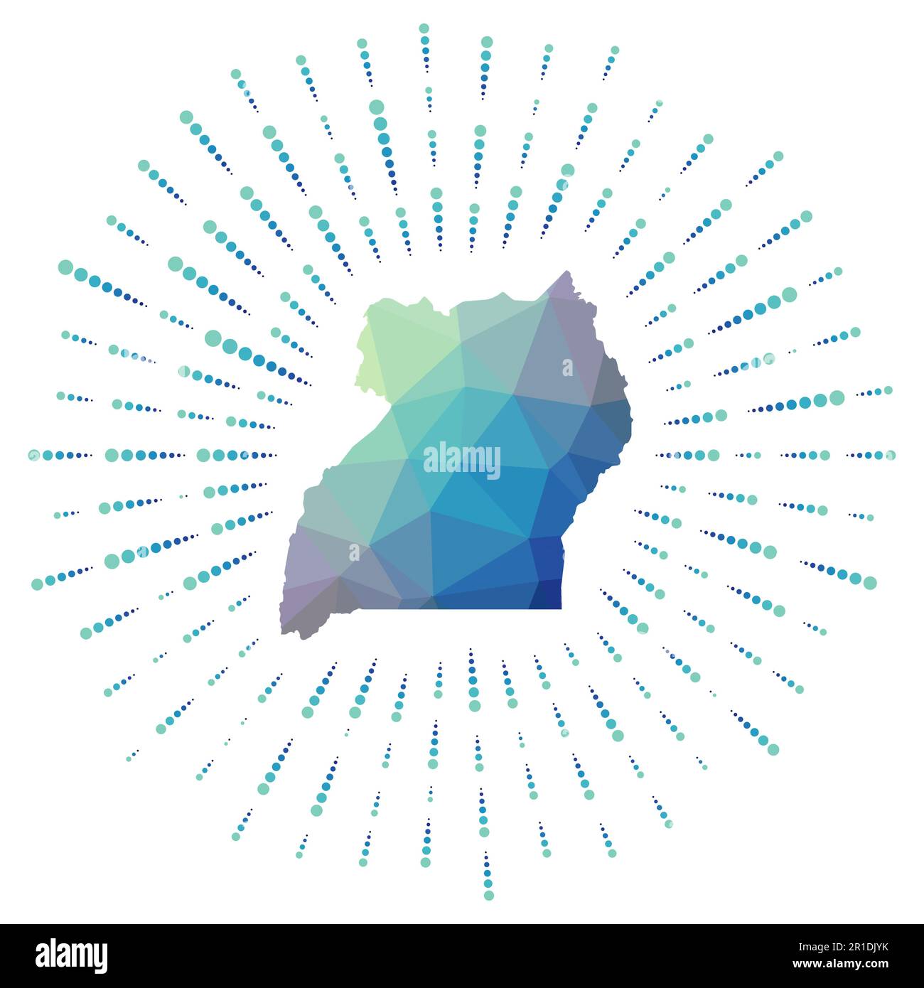 Shape of Uganda, polygonal sunburst. Map of the country with colorful ...