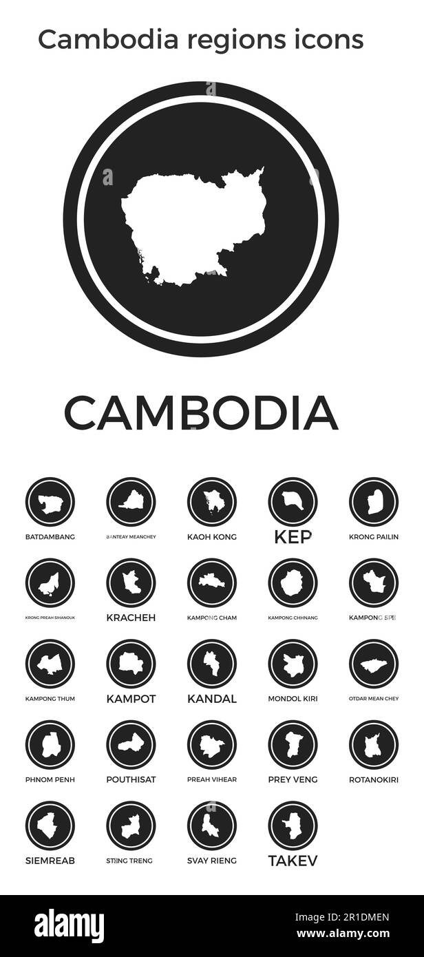 Cambodia regions icons. Black round logos with country regions maps and titles. Vector ...