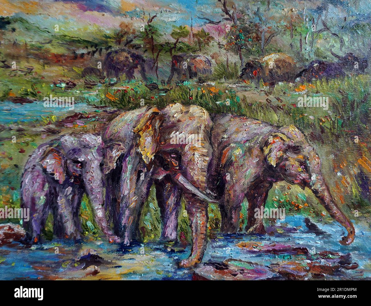 Art painting oil color Elephant family , pachyderm Stock Photo - Alamy