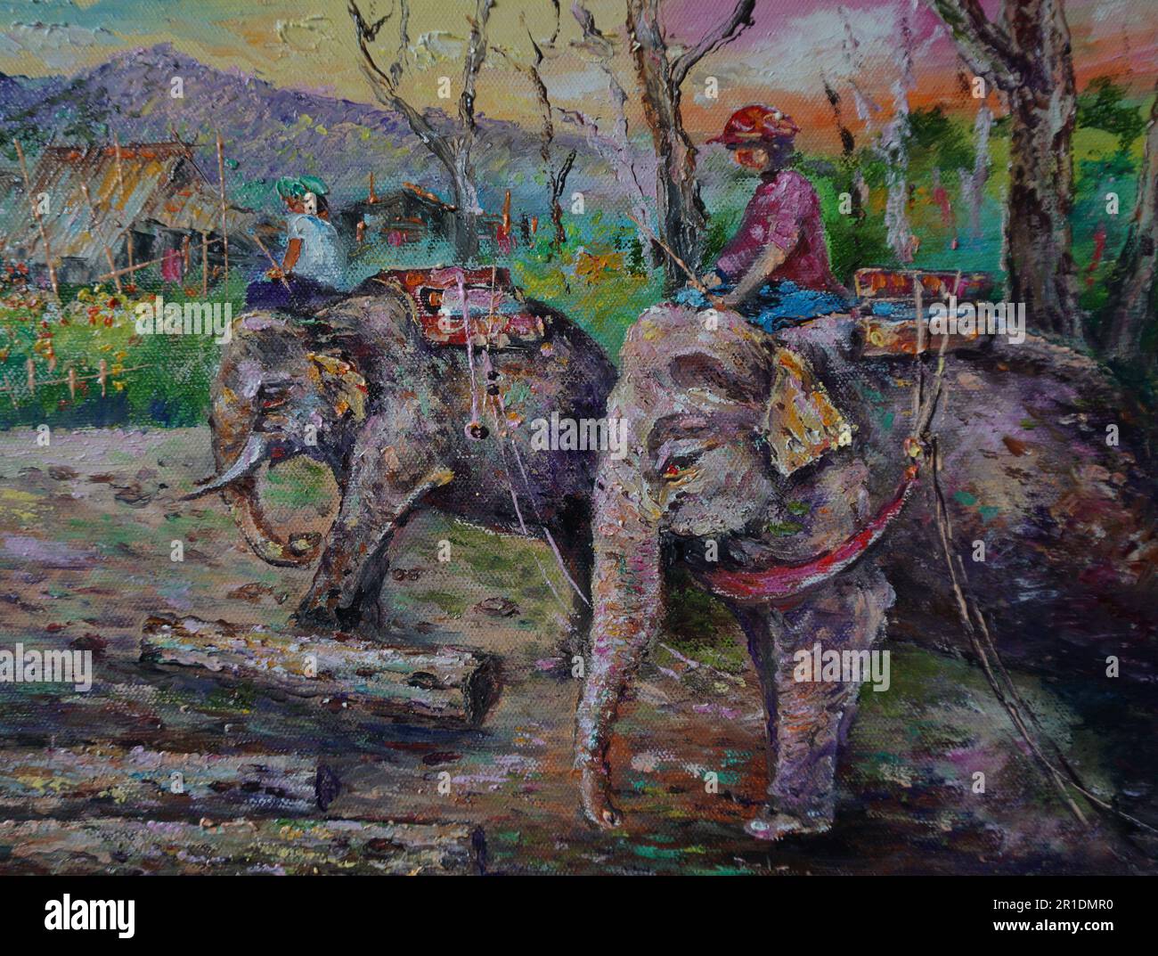 Art painting oil color elephants working haul logs Stock Photo - Alamy