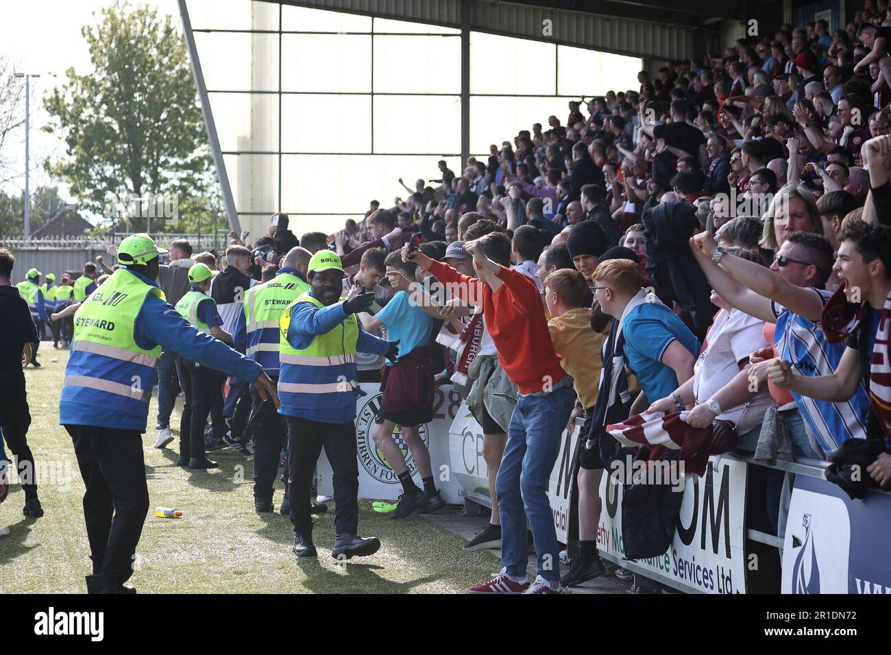 Paisley, Renfrewshire, Scotland. 13th May, 2023. Hearts fans celebrate ...