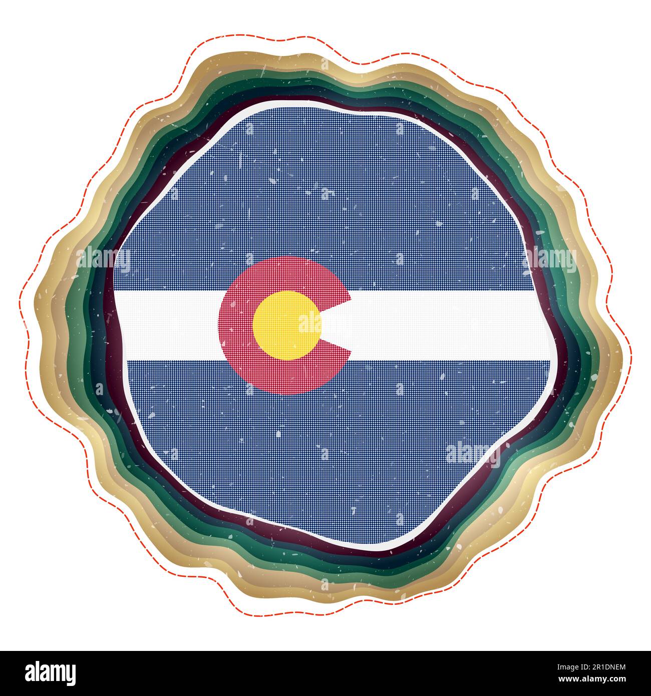 Colorado flag in frame. Badge of the US state. Layered circular sign around Colorado flag ...