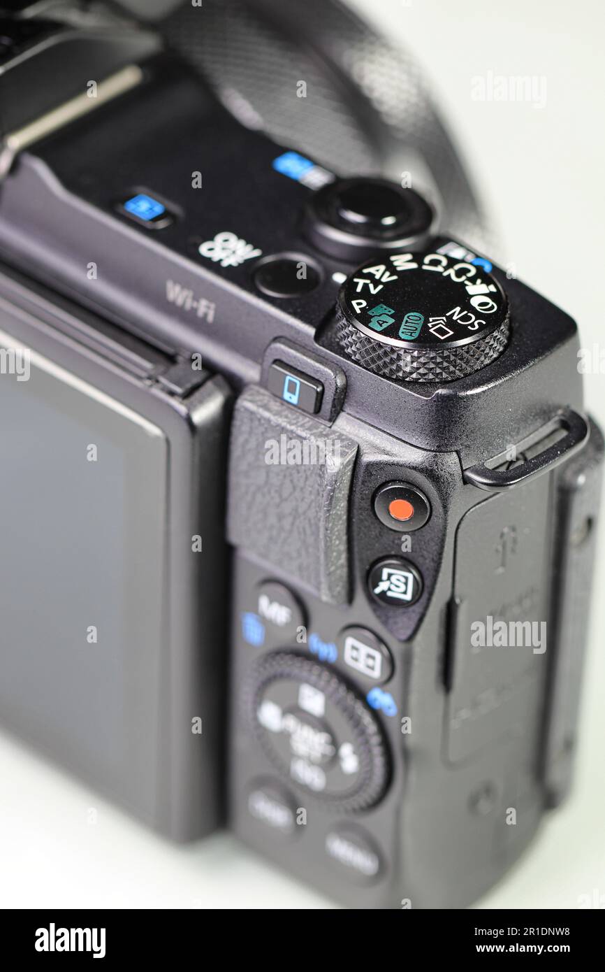 Close up top panel of hi-end compact Digital Camera, Mirrorless Digital Camera, show on camera ...