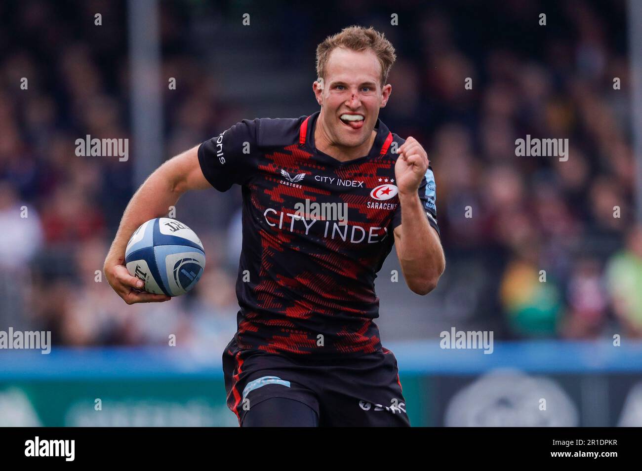 Saracens' Max Malins runs in a try during the Gallagher Premiership ...