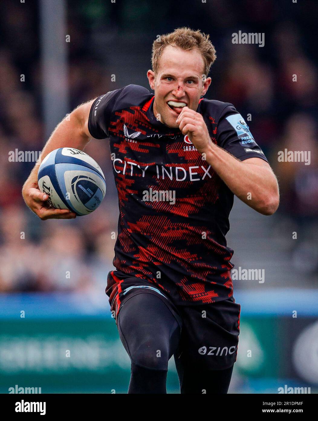 Saracens' Max Malins runs in a try during the Gallagher Premiership ...