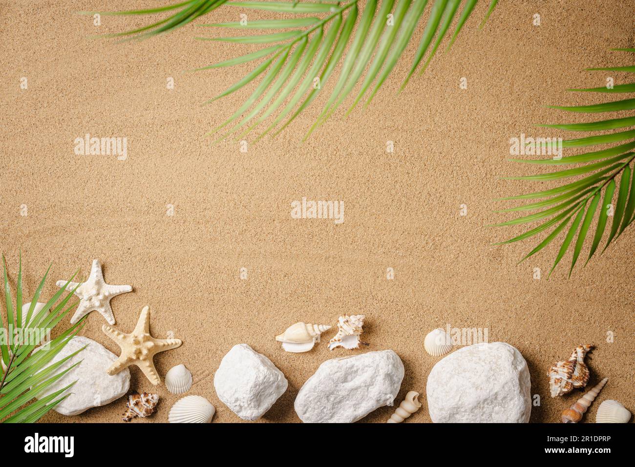 Flat lay composition with beautiful starfishes, stones and sea shells ...