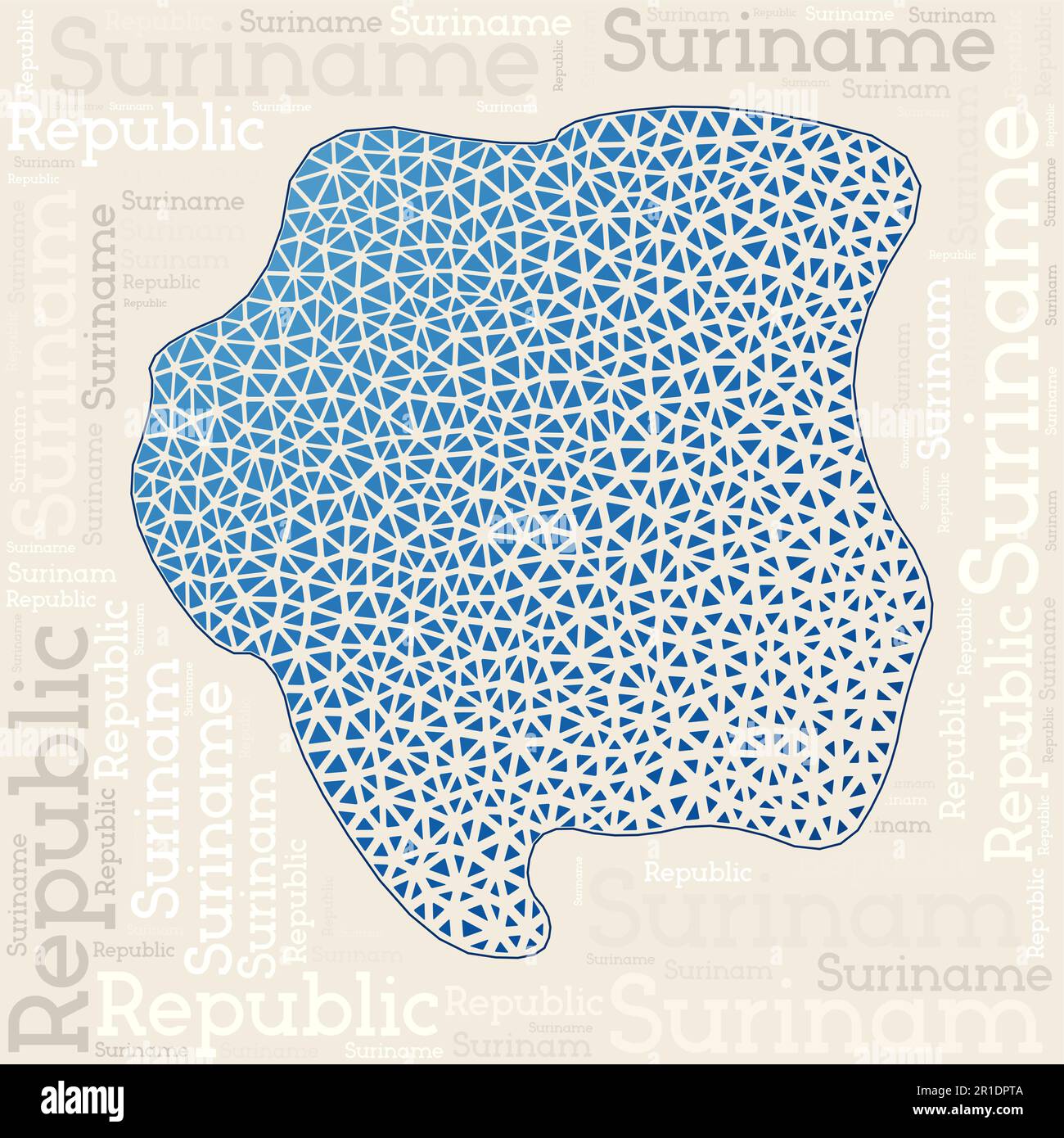 Suriname map design. Country names in different languages and map shape with geometric low poly ...