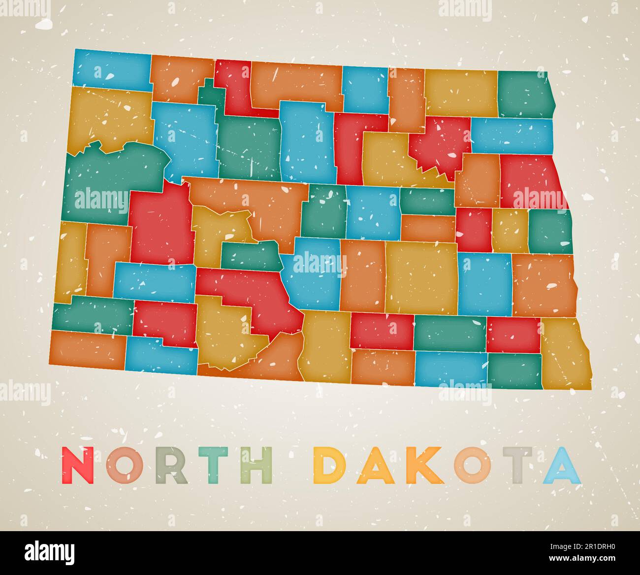 North Dakota map. US state poster with colored regions. Old grunge ...