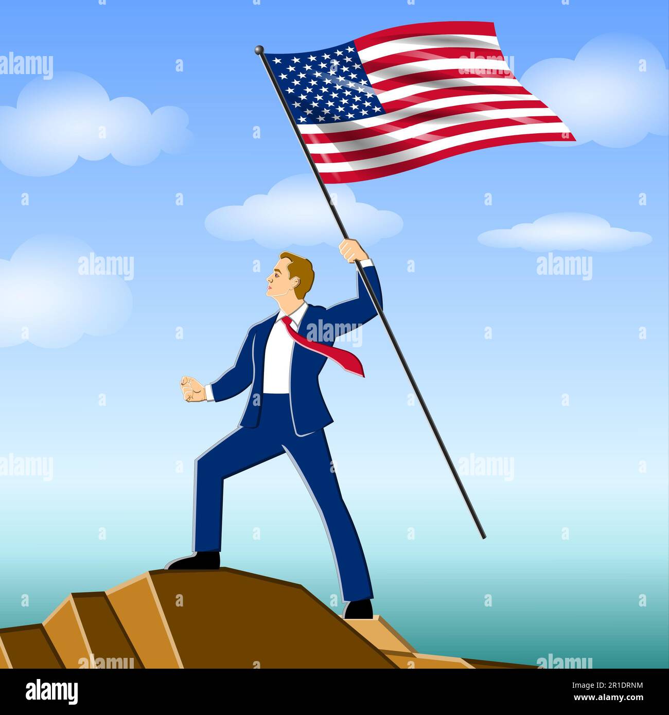 Vector illustration of a businessman standing on top of a cliff holding ...