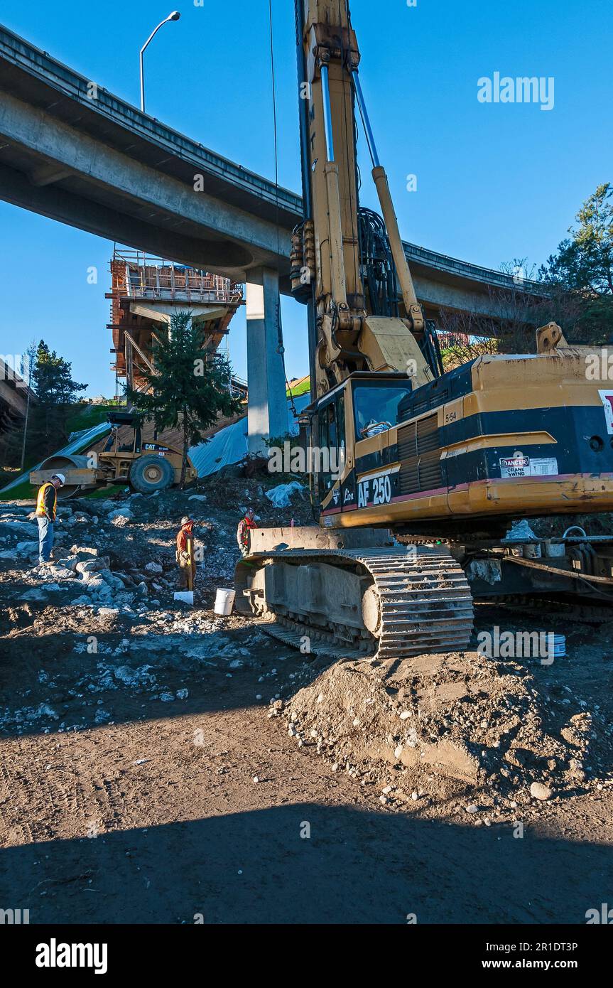 A drilling rig for digging drilled shafts to support freeway on-ramps ...