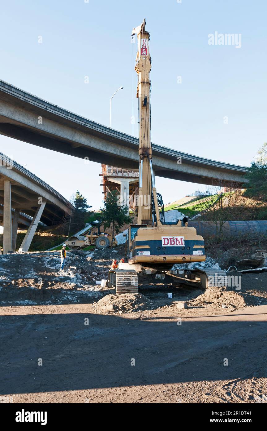A drilling rig for digging drilled shafts to support freeway on-ramps ...