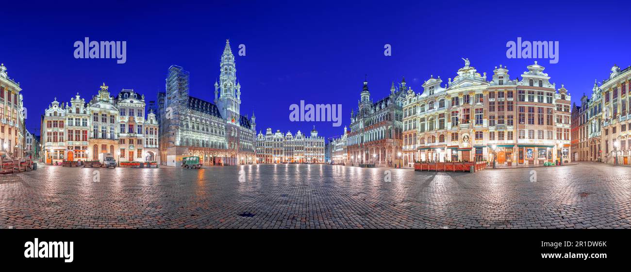Brussels, Belgium at Grand Place with the Town Hall tower at blue hour ...