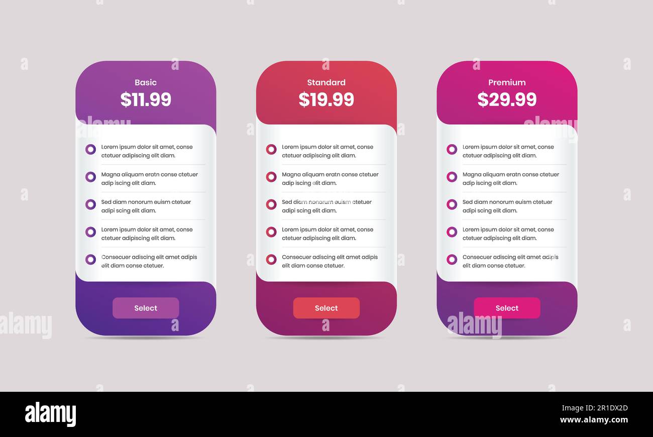Professional pricing comparison table design with colorful gradient for business and service ...