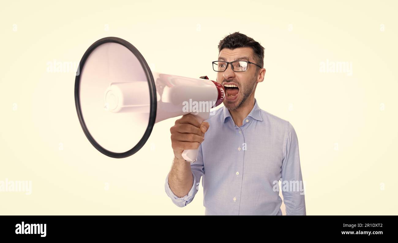 shouting man announcing with megaphone, selective focus. photo of man ...
