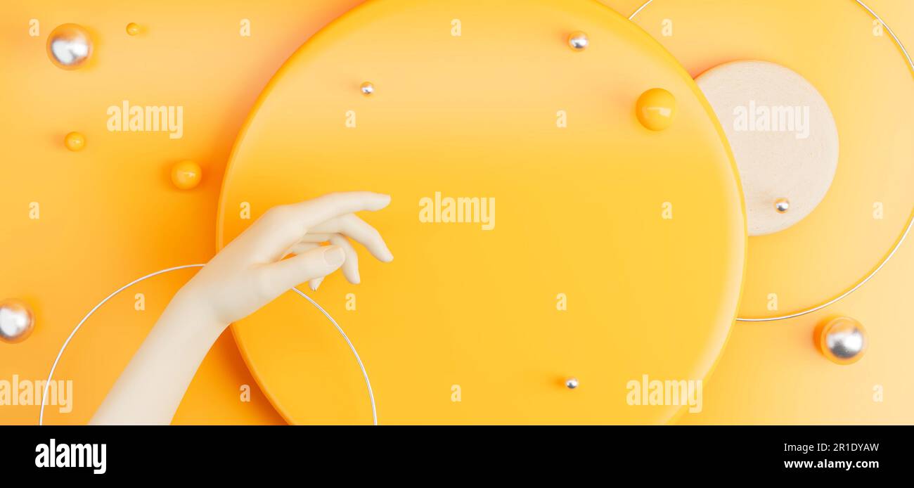 3D rendering podium, pedestal top view. Hand with geometric shapes ...