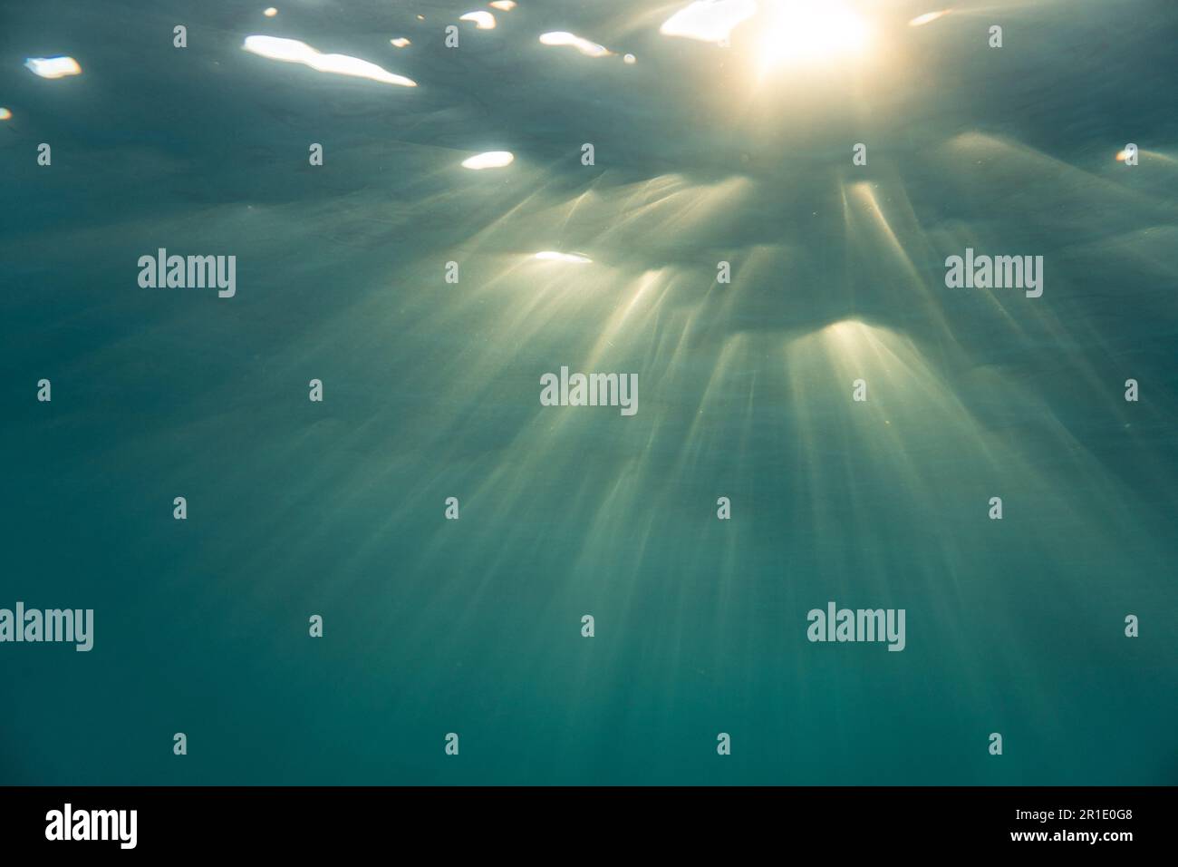 A scenic underwater view of sunlight beaming through water surface ...