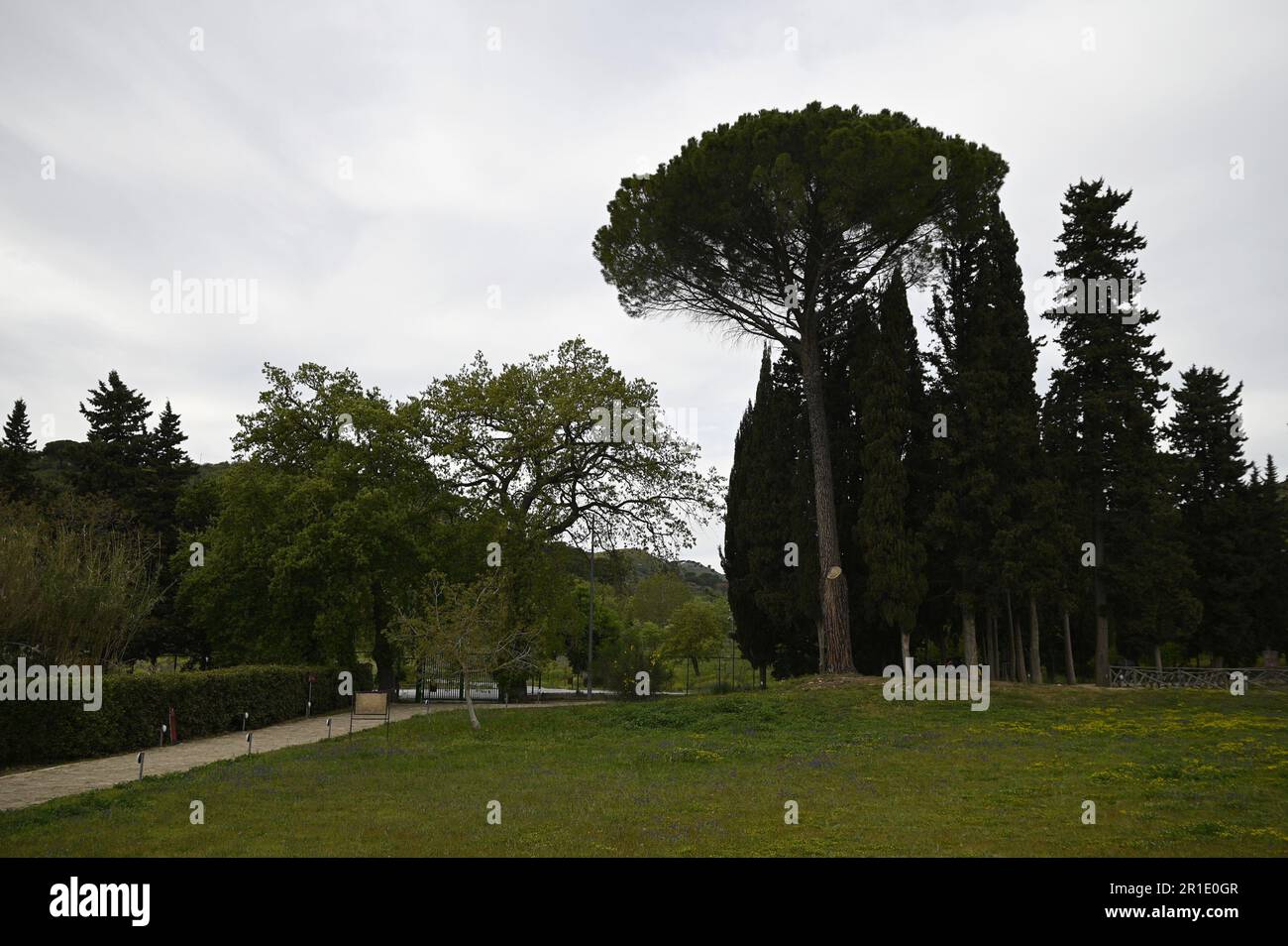 Landscape with scenic garden view of Villa Romana del Casale in Sicily ...