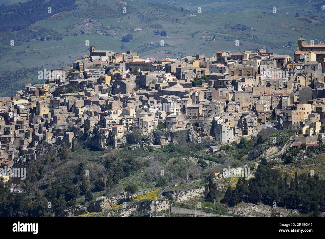 Landscape with panoramic view of Pietraperzia a picturesque medieval ...