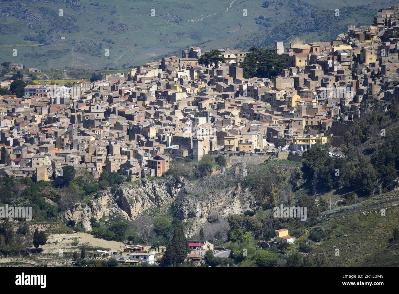 Landscape with panoramic view of Pietraperzia a picturesque medieval ...