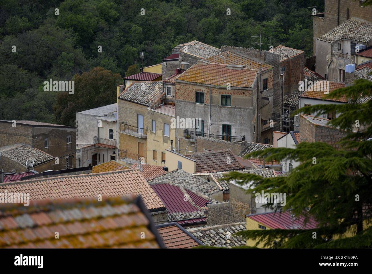 Landscape with panoramic view of traditional stone houses with clay ...