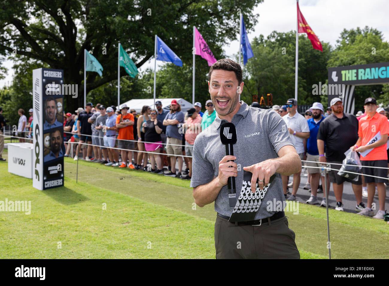 LIV Golf Announcer, Jason Zone Fisher seen on the driving range during ...
