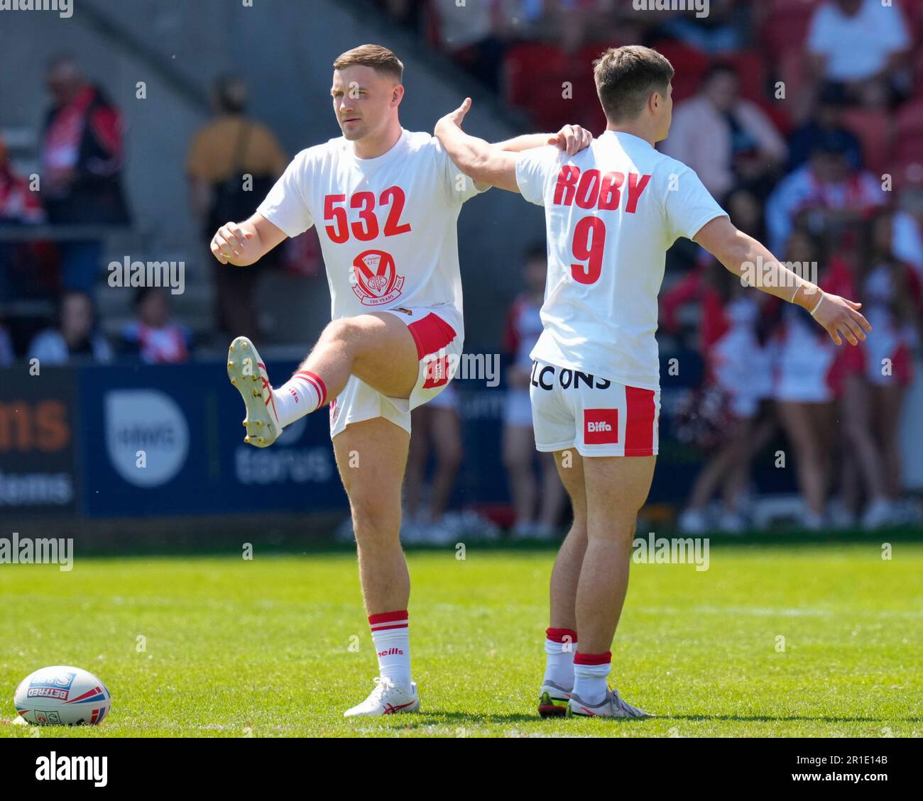 St Helens, UK. 13th May, 2023. Matty Lees #10 of St. Helens and Jon ...