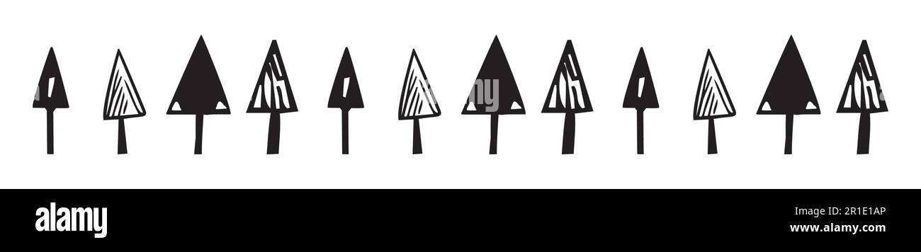 Quirky fir tree scandi linocut vector border. Washi tape design in ...