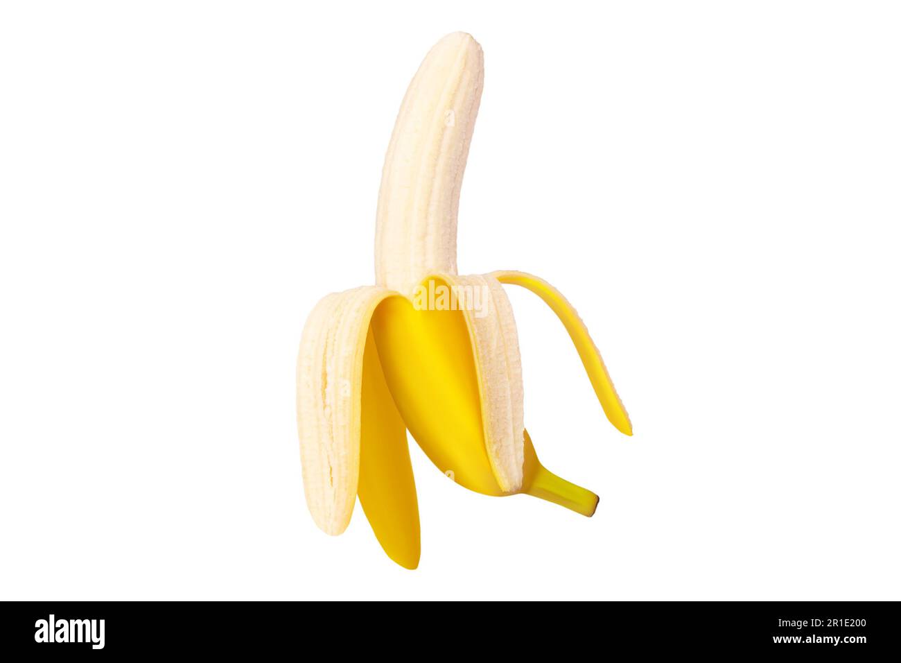 A close-up of a peeled ripe yellow banana isolated on white background ...