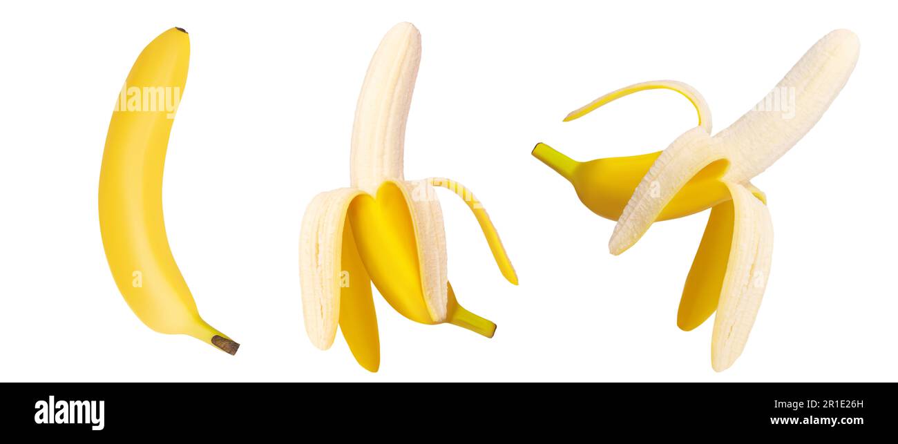A closeup of three bananas, two peeled and one not, isolated on a white ...